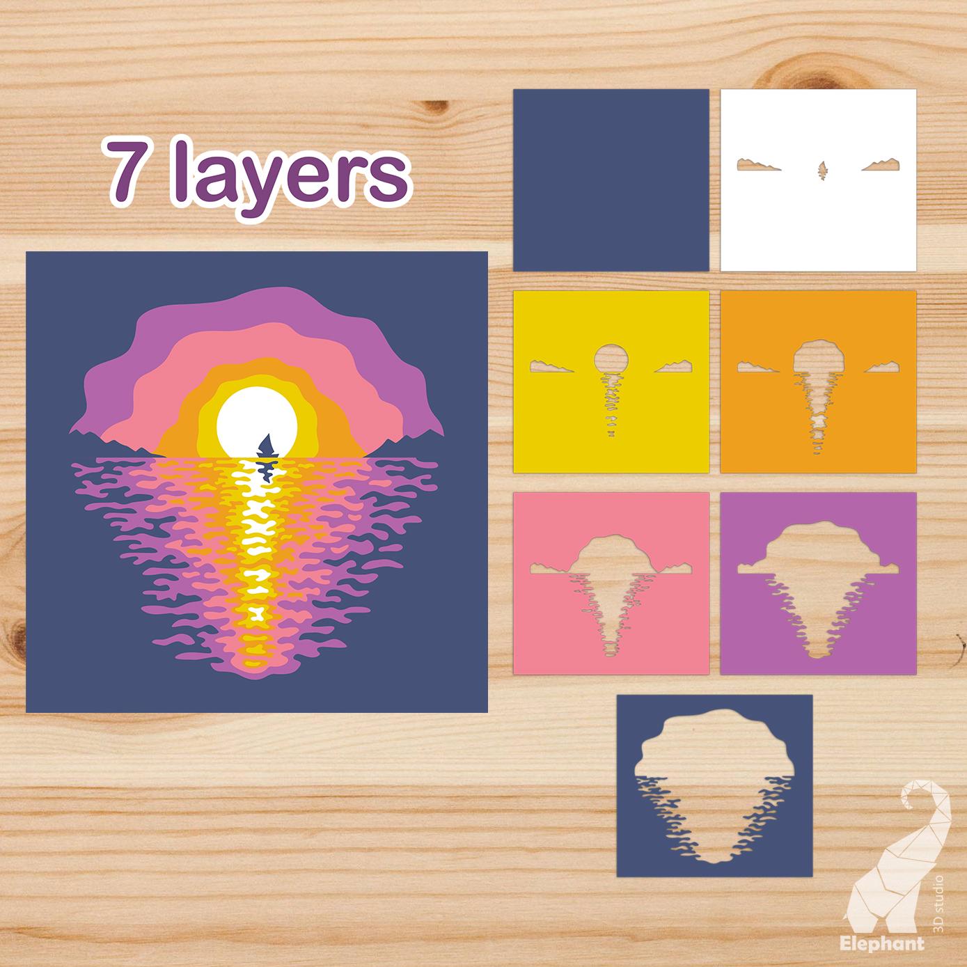 3D Layered Sunset on the Sea Svg Cut File, Layered Sunset Svg, Layered ...