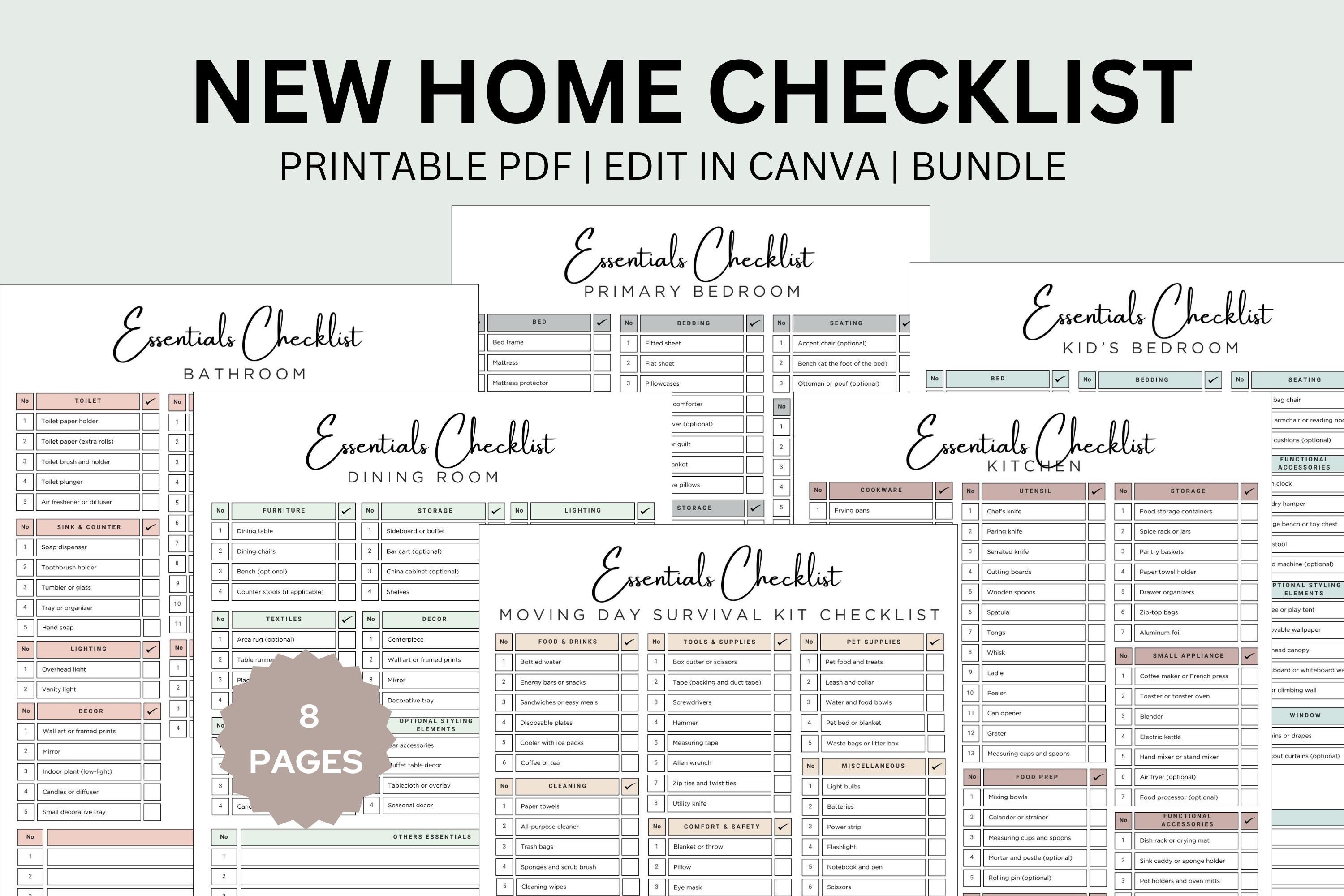 New Home Essentials Checklist Bundle – Editable & Printable PDF, Moving ...