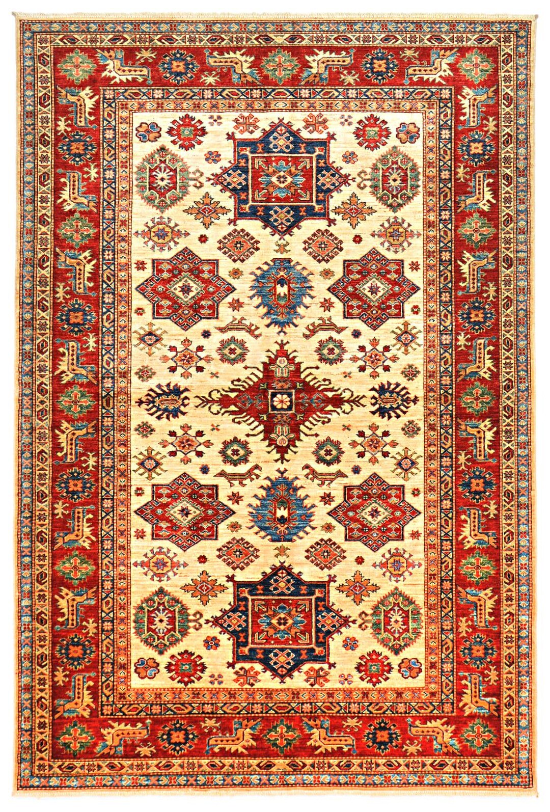 Handmade Tribal Kazak Wool Rug 9x6 Ft | Geometric Afghan Carpet ...