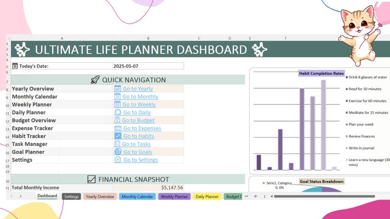 Ultimate Life Planner Excel Template - All-in-one Digital Budget, Habit ...