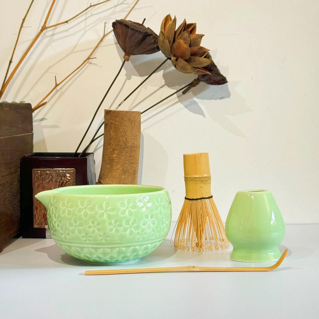 Ceramic Matcha Bowl Set With Spout, Green Floral Matcha Bowl Whisk Set ...