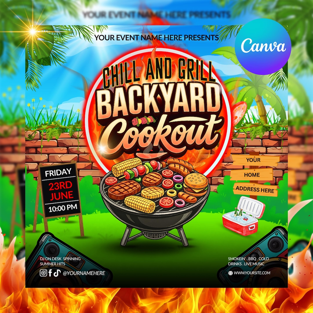 Editable Summer BBQ Flyer Template | Canva Backyard Cookout Invitation ...
