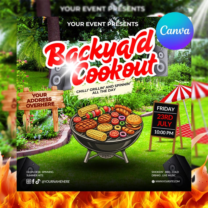 Editable Summer BBQ Flyer Template | Canva Backyard Cookout Invitation | Grill Party Social ...