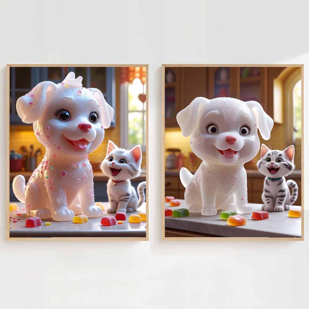 Dog and Cat Wall Art, Pet Friends Art, Fluffy Dog Design, Animal Duo ...