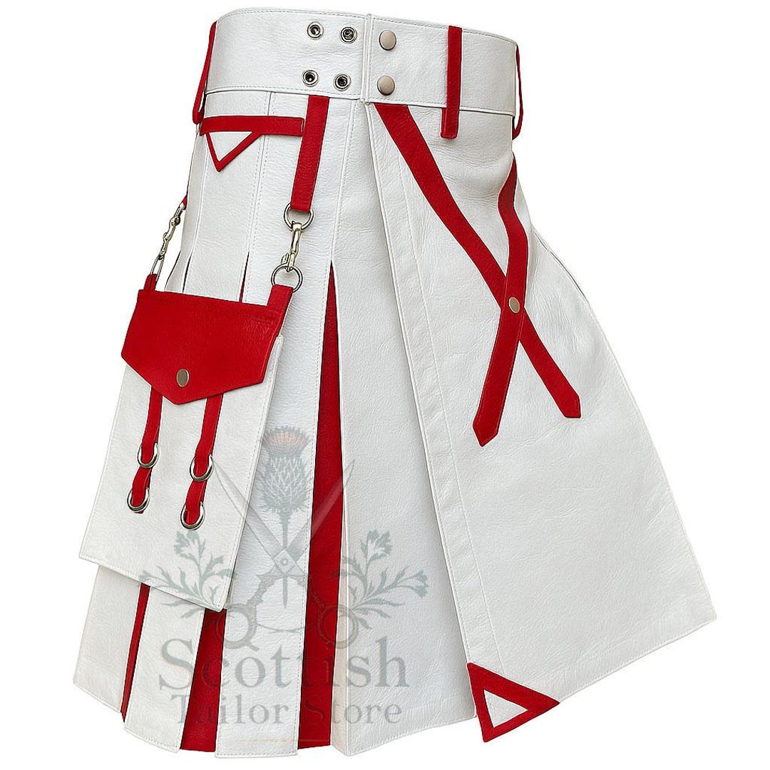 Men’s White Red Hybrid Leather Utility Kilt - Gothic Cosplay Warrior ...