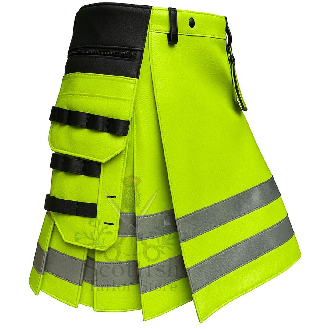 Hi-vis Neon Lime Leather Utility Kilt for Men - Cowhide Work Kilt With ...