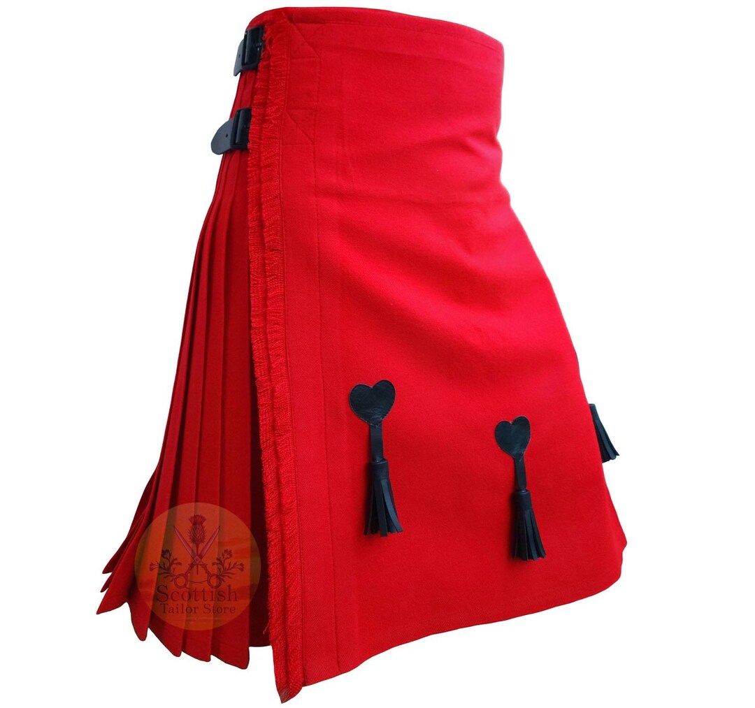 Clan Solid Red Tartan Kilt With Three Leather Tassels for Men – Acrylic ...