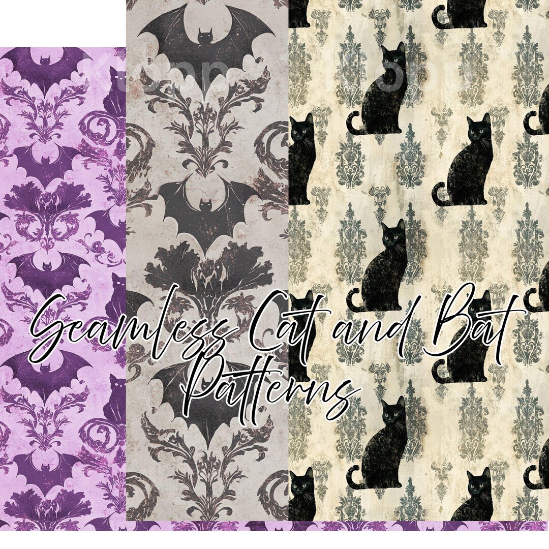 Black Cats and Bats Damask Seamless Pattern Digital Repeat, Scrapbook ...