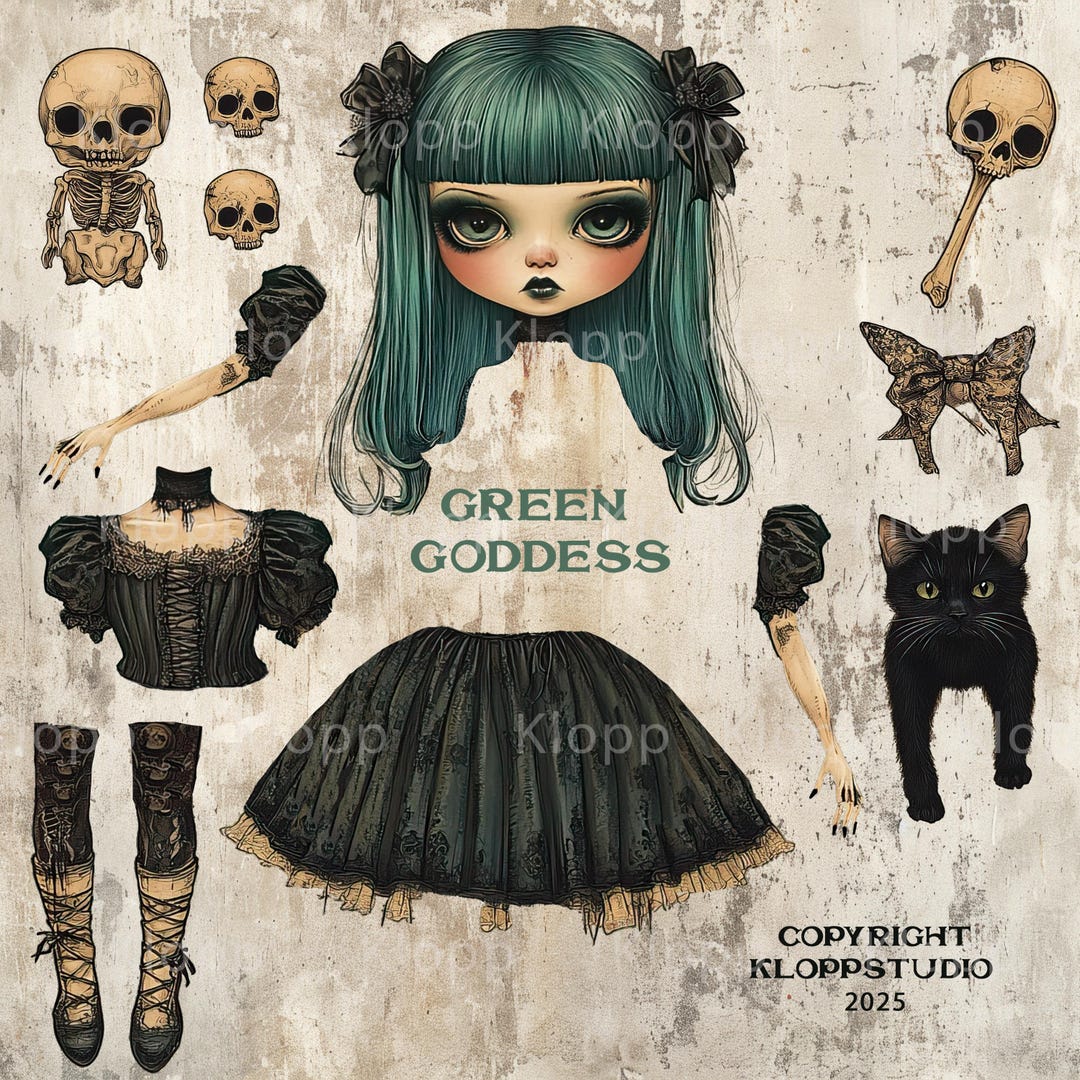 Victorian Gothic Paper Doll: Green Goddess Printable Activity (digital ...