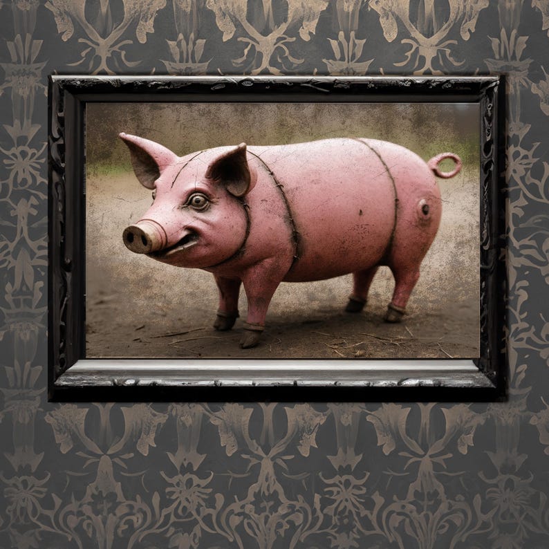 Moody Pink Pig Wall Art, Surreal Farmhouse Decor, Dark Academia Kitchen ...