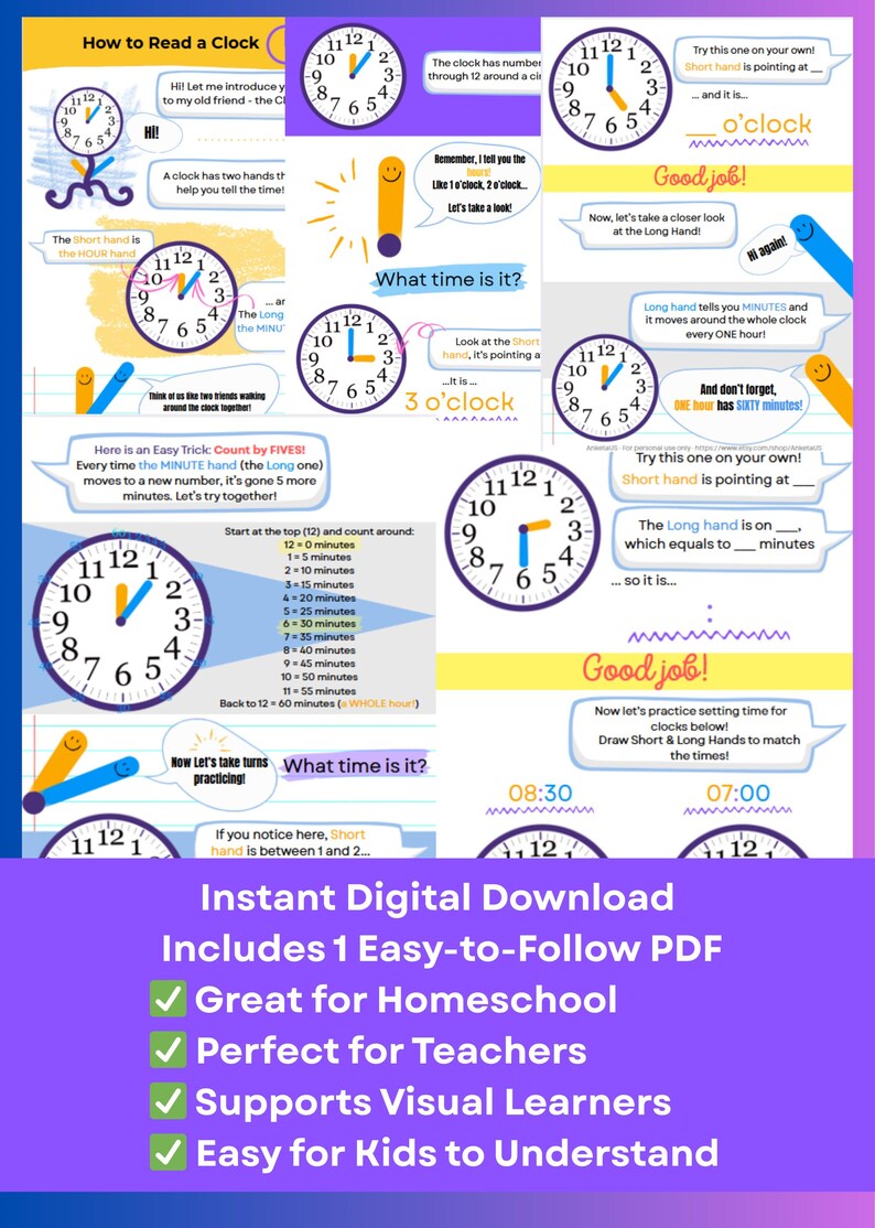 How to Read a Clock Printable for Kids – Learn to Tell Time PDF – Educational Worksheet ...
