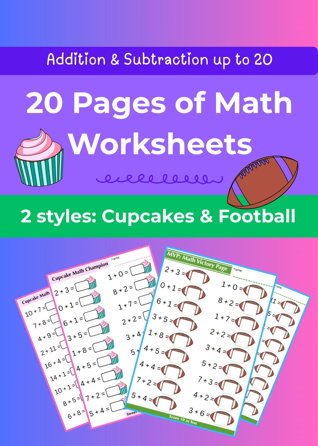 20 Pages of Addition & Subtraction Worksheets (up to 20) Printable Math ...
