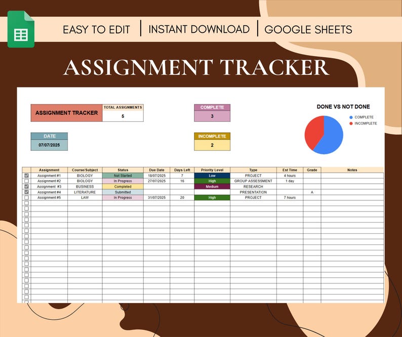Editable Assignment Tracker | Google Sheets Study Planner | Dashboard ...