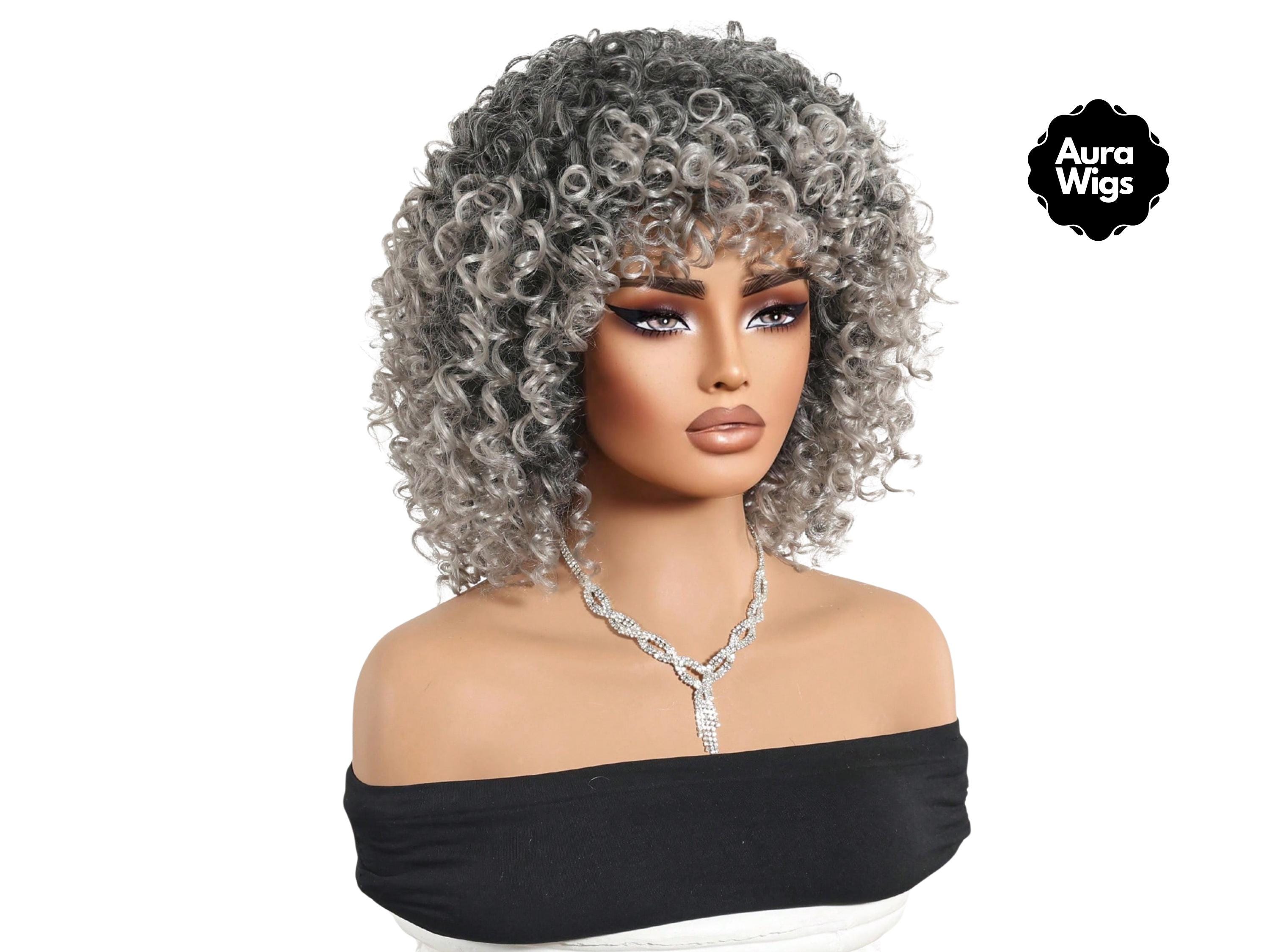 Silver Grey Curly Afro Wig With Bangs: Voluminous Short Synthetic Hair ...