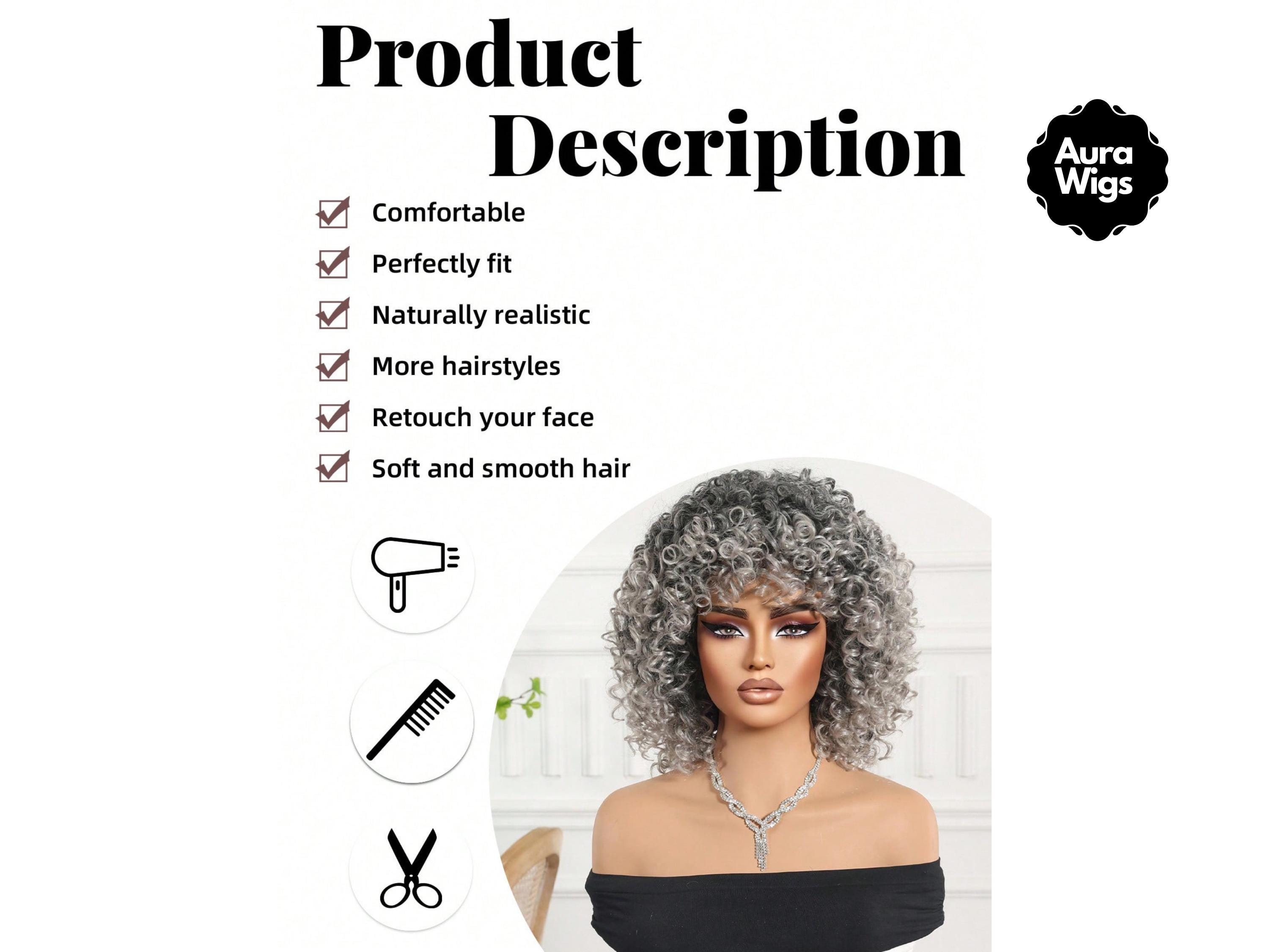 Silver Grey Curly Afro Wig With Bangs: Voluminous Short Synthetic Hair ...