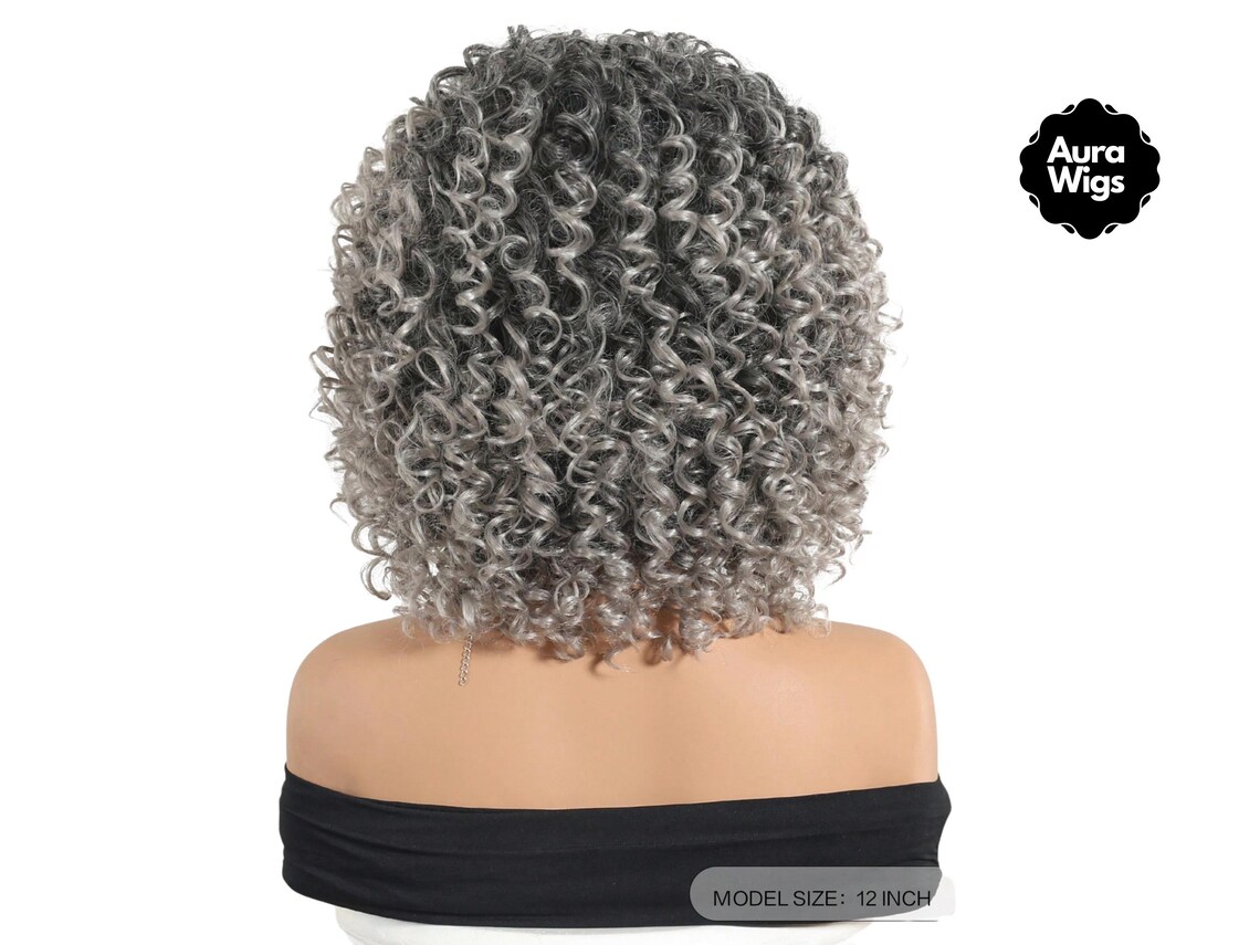 Silver Grey Curly Afro Wig With Bangs: Voluminous Short Synthetic Hair ...