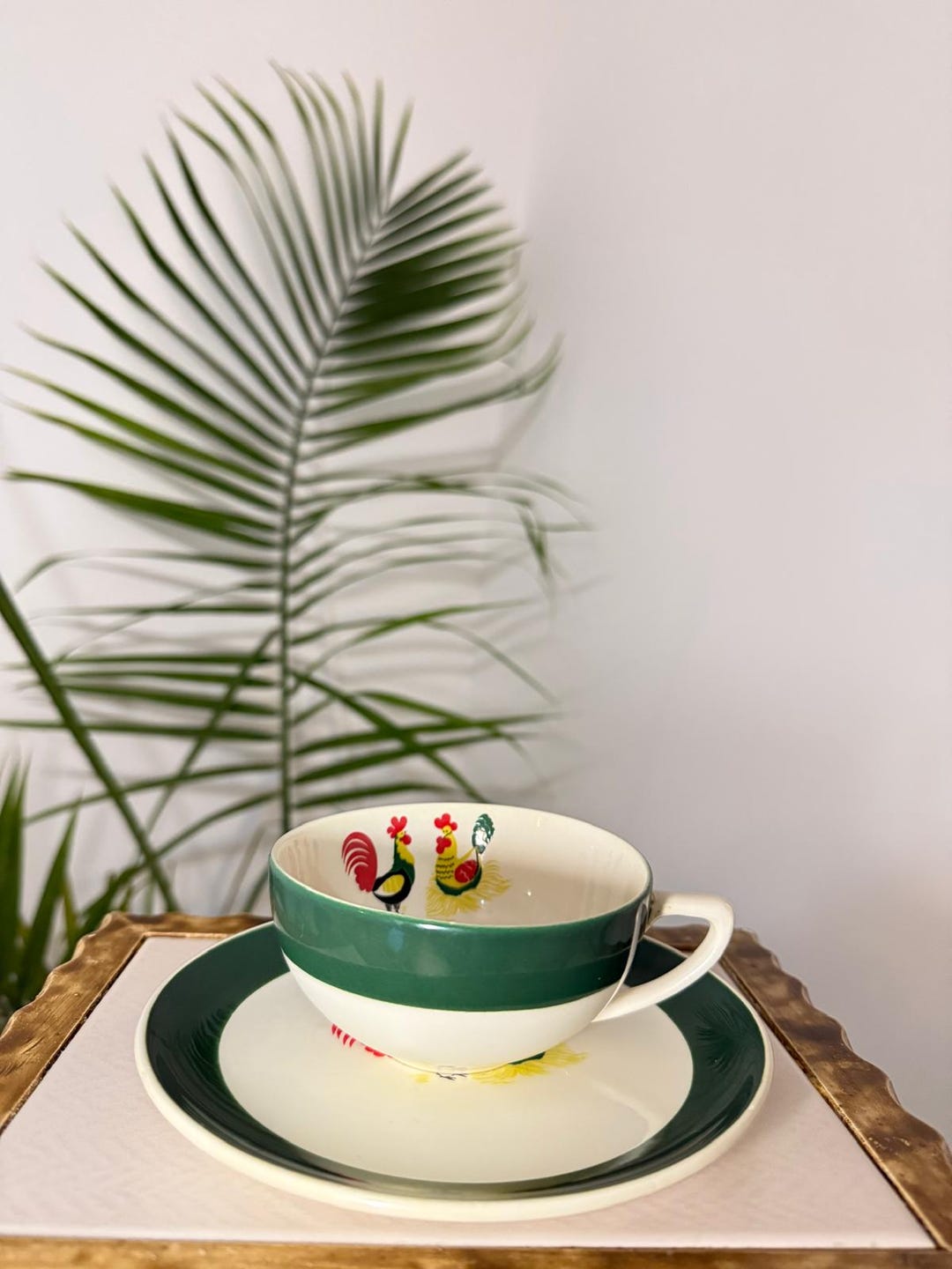 Vintage St. Lawrence Pottery Rooster Cup & Saucer | Green-white ...