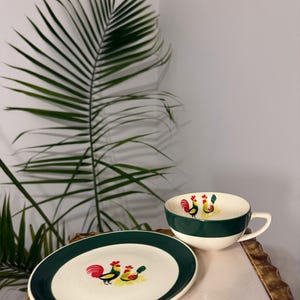Vintage St. Lawrence Pottery Rooster Cup & Saucer | Green-white ...