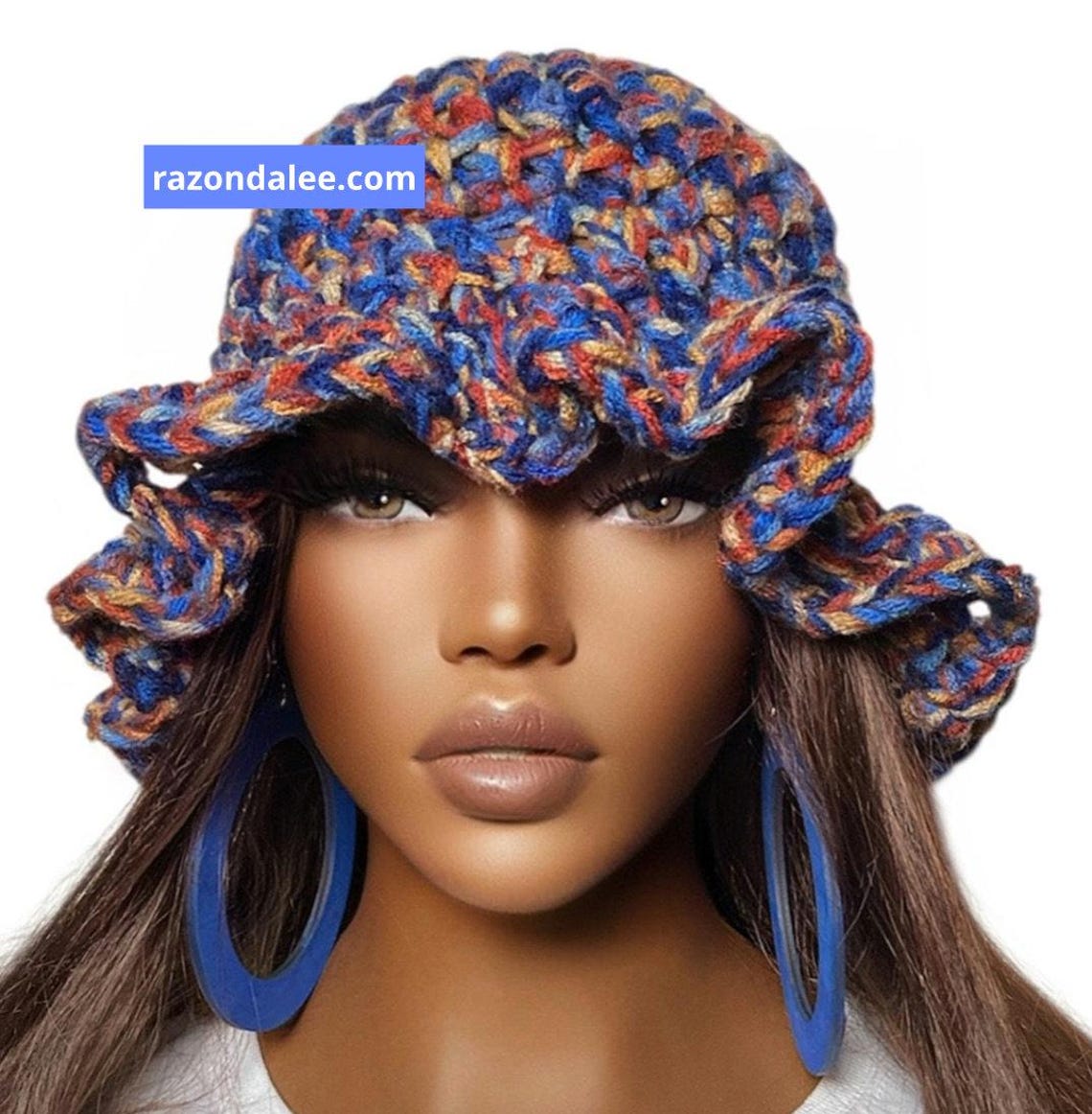 Chunky Crochet Bucket Hat Wavy Trim Blue Multi by Razondalee Razonda ...
