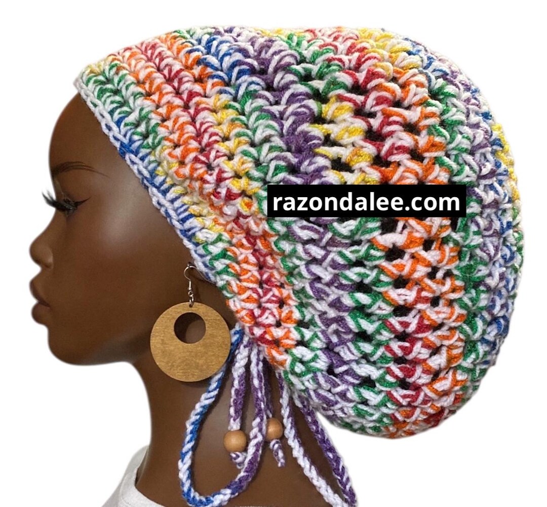 Chunky Crochet Dreadlock Tam Hat With Drawstring Rainbow White Multi by ...