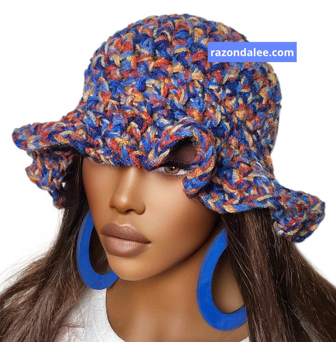 Chunky Crochet Bucket Hat Wavy Trim Blue Multi by Razondalee Razonda ...