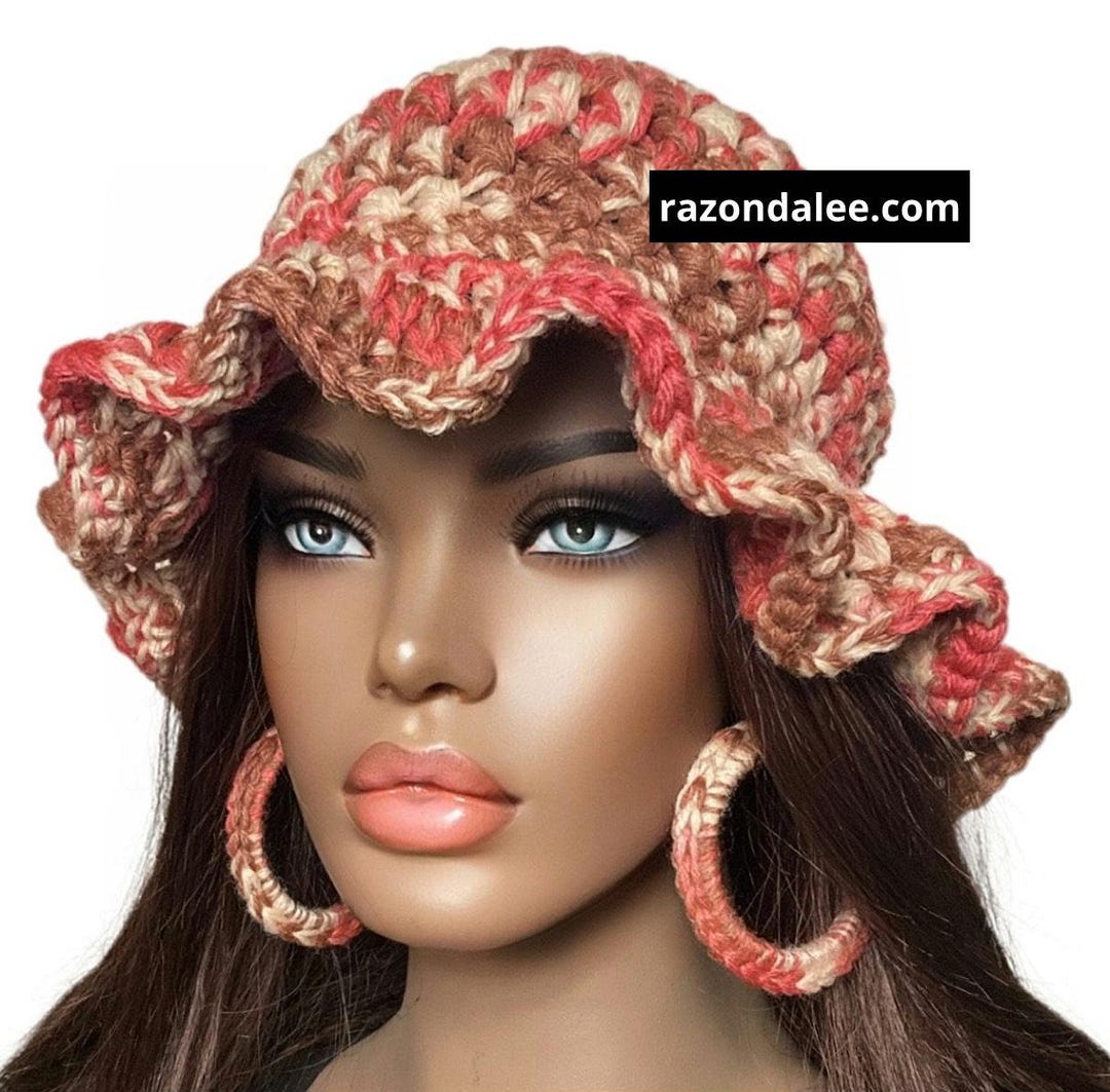 Chunky Crochet Floppy Bucket Hat Loose Ruffles Coral Brown Ivory by ...