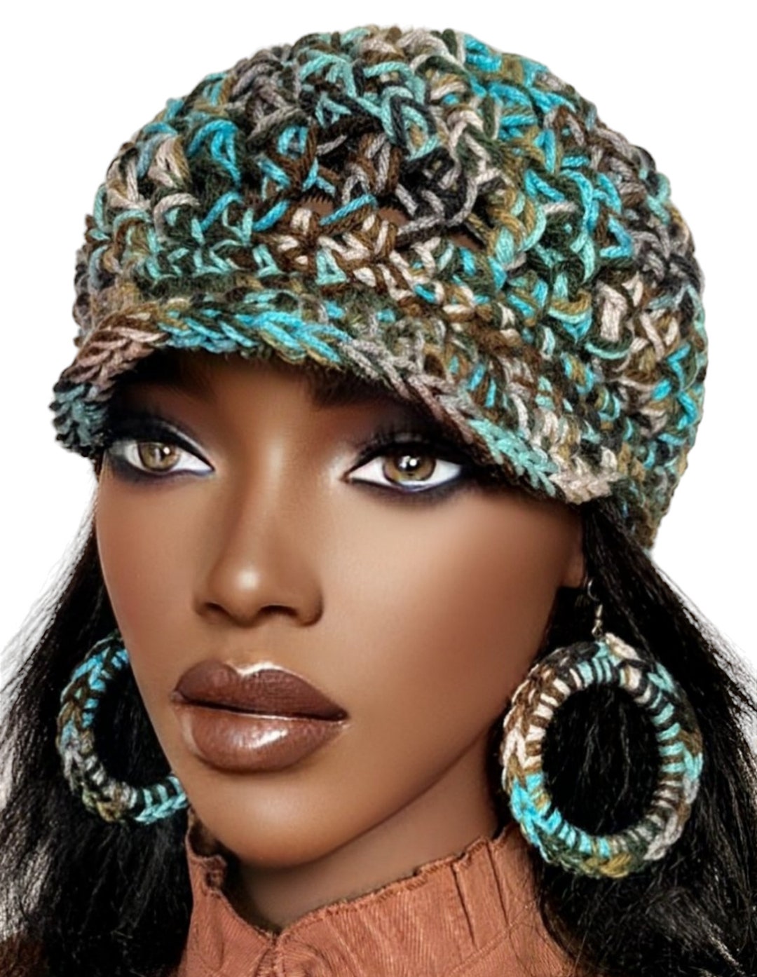 Short Brim Crochet Throw on Cap Hat Aqua Camo Multi by Razonda Lee ...