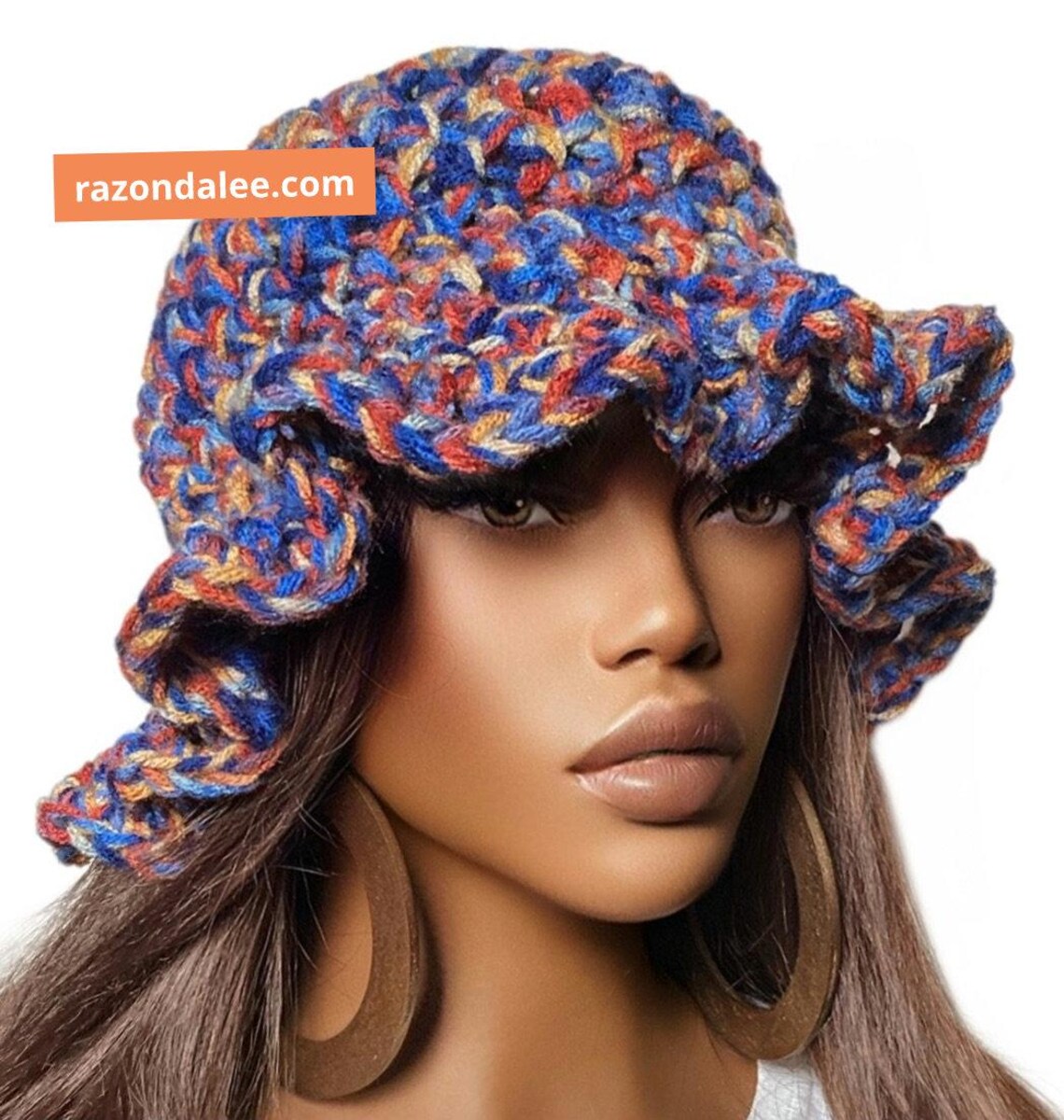 Chunky Crochet Bucket Hat Wavy Trim Blue Multi by Razondalee Razonda ...