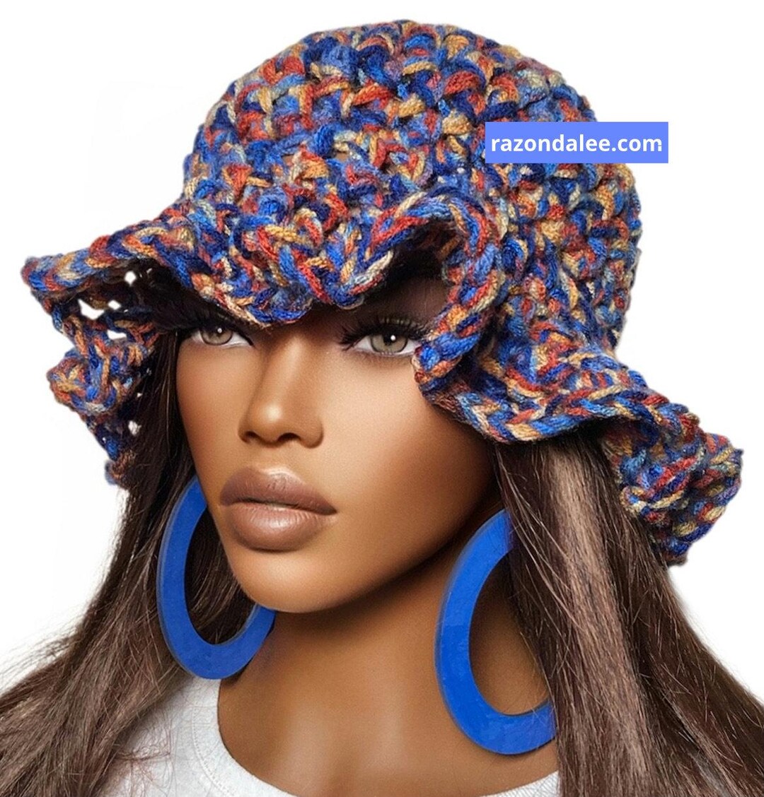 Chunky Crochet Bucket Hat Wavy Trim Blue Multi by Razondalee Razonda ...