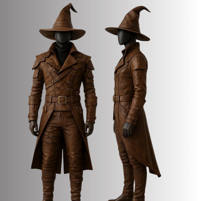 Steampunk Leather Alchemist Costume: Gothic Wizard Trench Coat and Hat ...