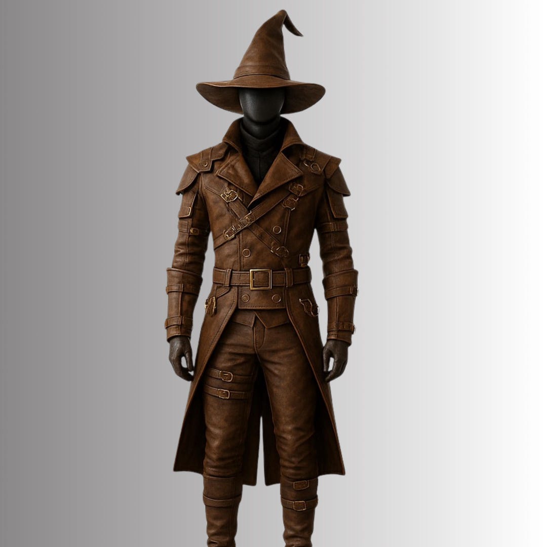Steampunk Leather Alchemist Costume: Gothic Wizard Trench Coat and Hat ...
