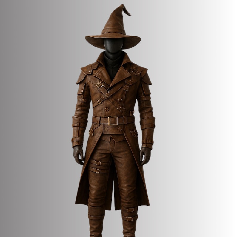 Steampunk Leather Alchemist Costume: Gothic Wizard Trench Coat and Hat ...