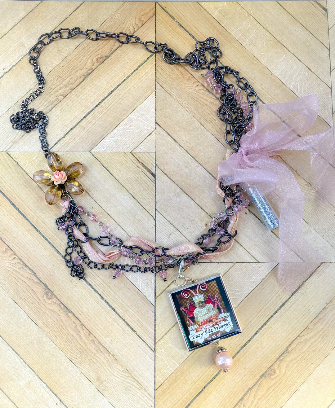 Fairy Tale Princess Pink Silver Chain Ribbon Necklace - Etsy