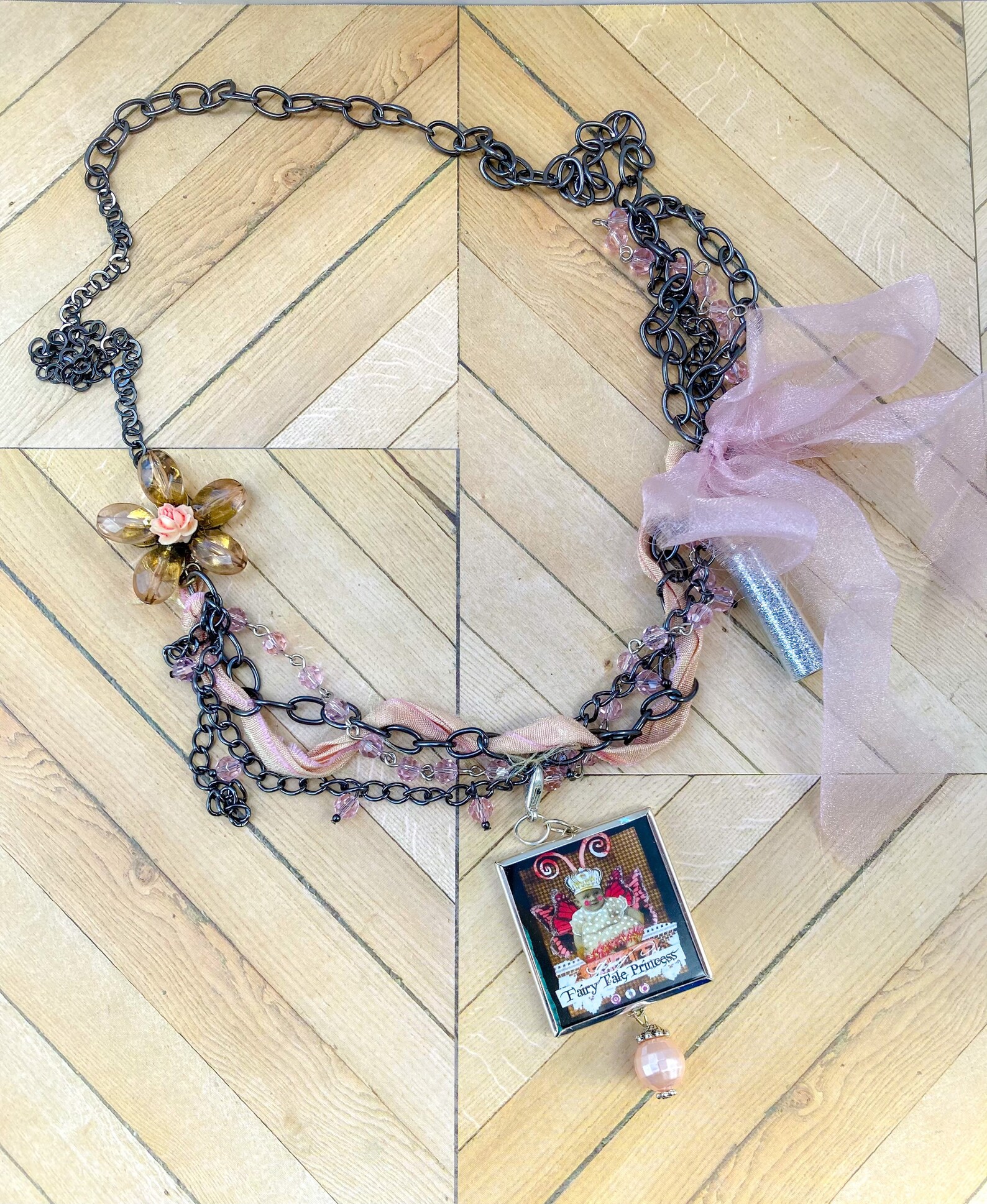 Fairy Tale Princess Pink Silver Chain Ribbon Necklace - Etsy