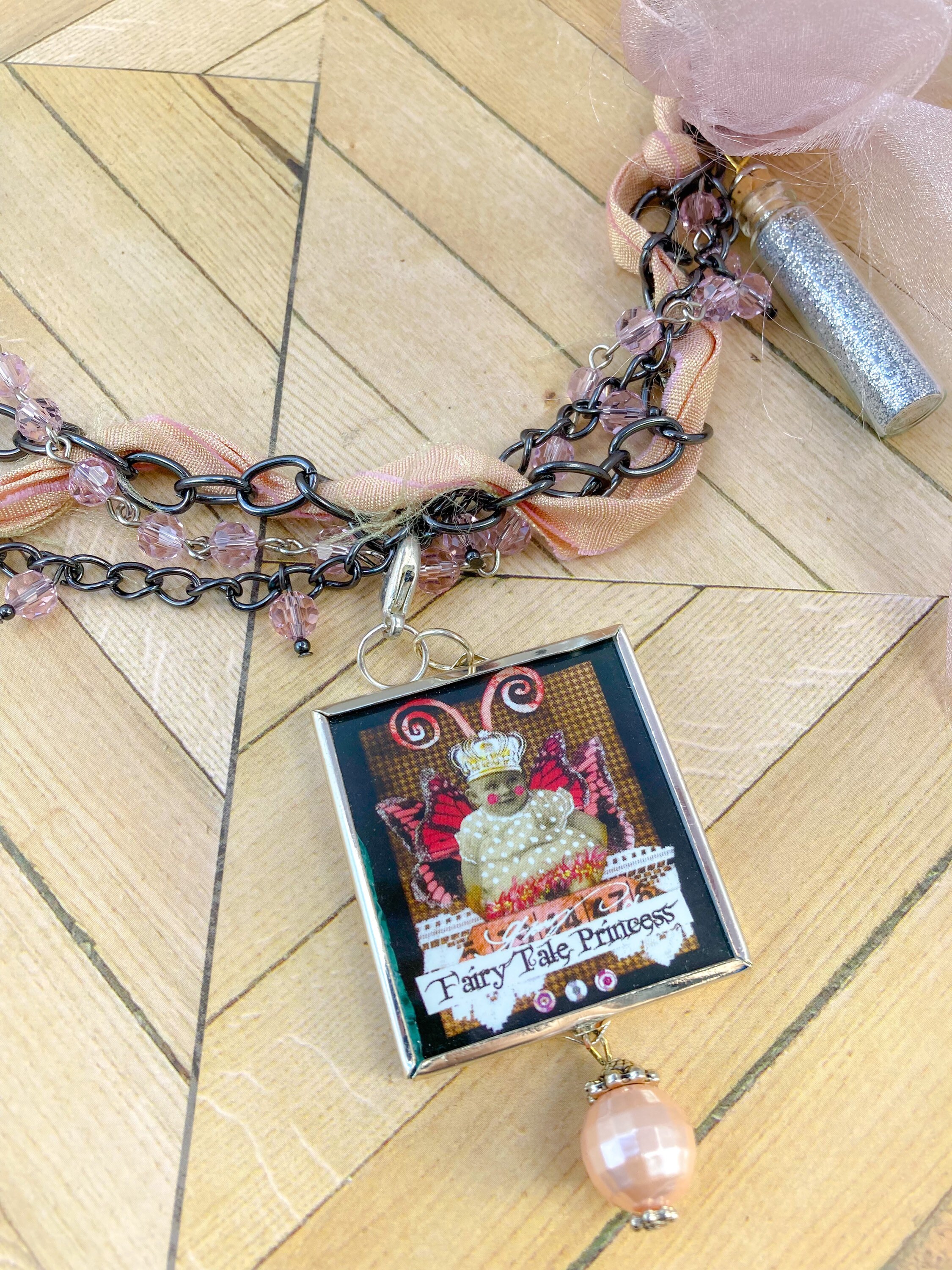 Fairy Tale Princess Pink Silver Chain Ribbon Necklace - Etsy