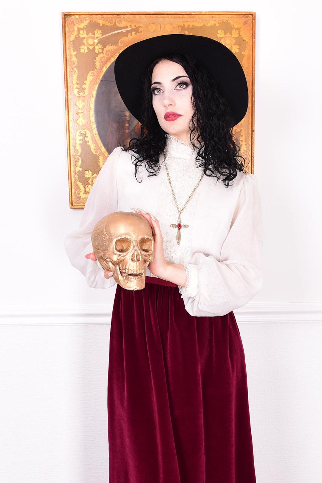 Vintage 70s Angela Gore Wine Velvet Lace Cotton Maxi Dress Victorian ...