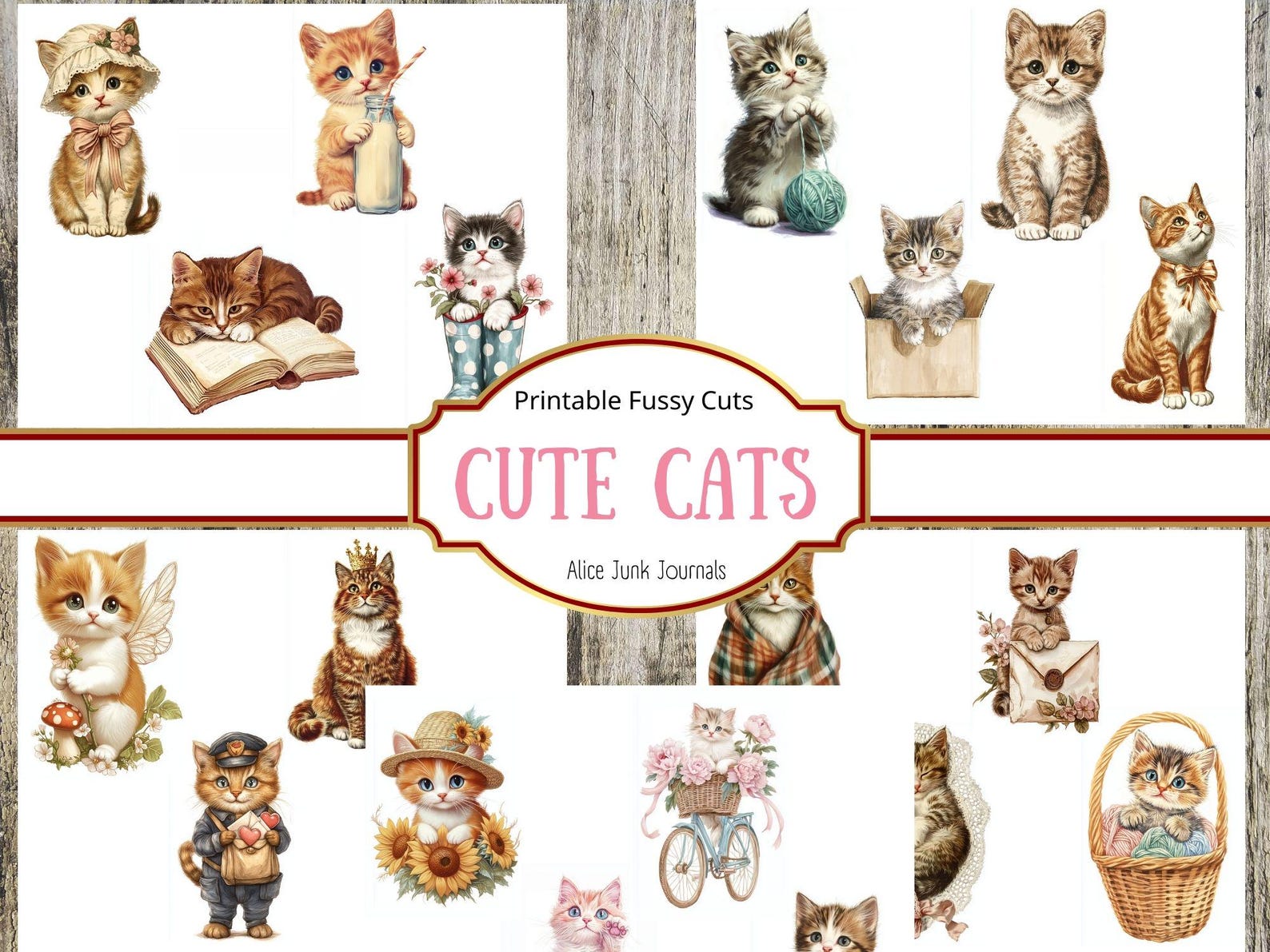 Vintage Cats Junk Journal Fussy Cuts, Cat Ephemera, Scrapbooking, Cute ...