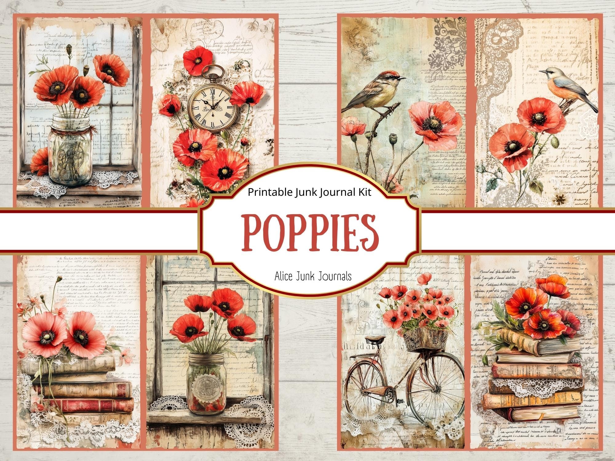Poppies Junk Journal, Floral Vintage Ephemera, Scrapbooking Printable ...