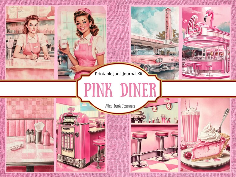 Pink Diner Junk Journal Kit, Digital Printable, 50s American Diner ...