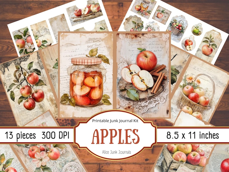 Apples Junk Journal, Floral Vintage Ephemera, Scrapbooking Printable ...