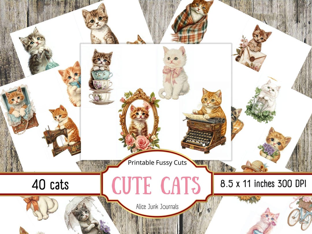 Vintage Cats Junk Journal Fussy Cuts, Cat Ephemera, Scrapbooking, Cute ...
