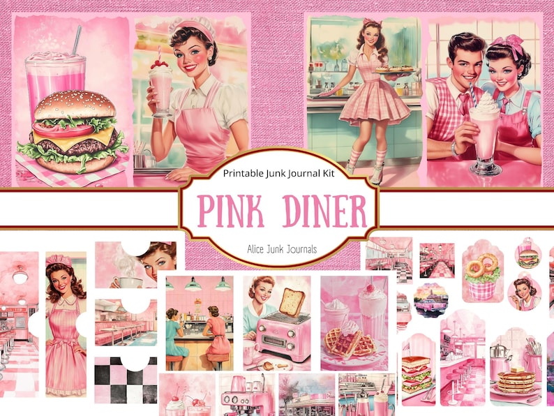 Pink Diner Junk Journal Kit, Digital Printable, 50s American Diner ...