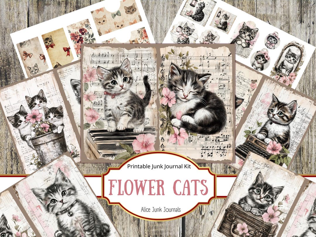Flower Cats Junk Journal Kit, Cat Ephemera, Scrapbooking, Cute Kittens ...