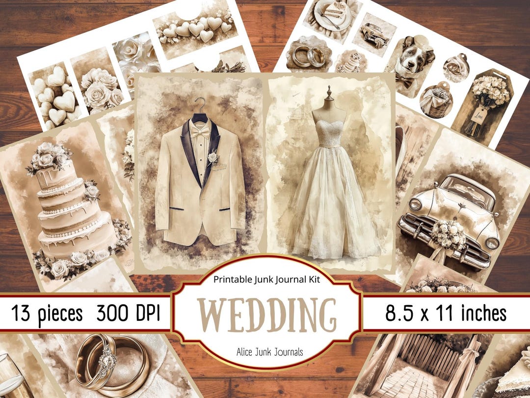 Wedding Junk Journal Kit Printable White Roses Vintage Ephemera Shabby ...