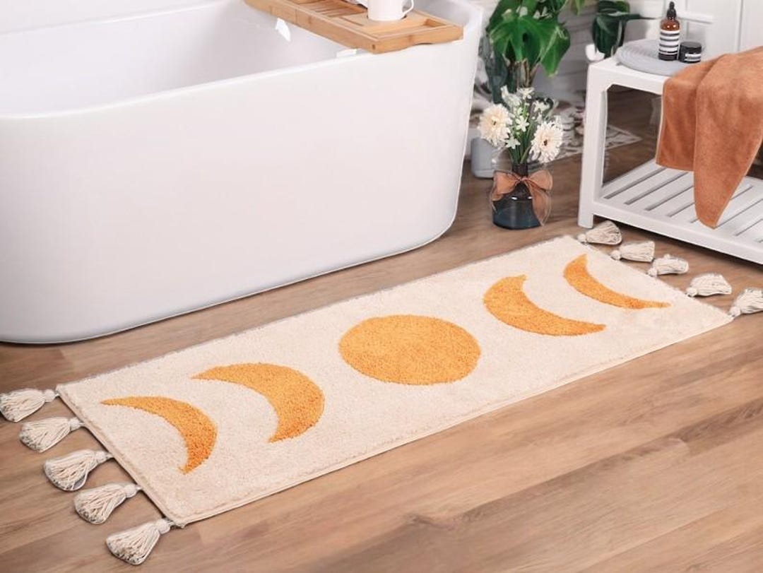 Moon Phases Boho Bathroom Rug Runner With Tassels - Half Moon Bohemian ...