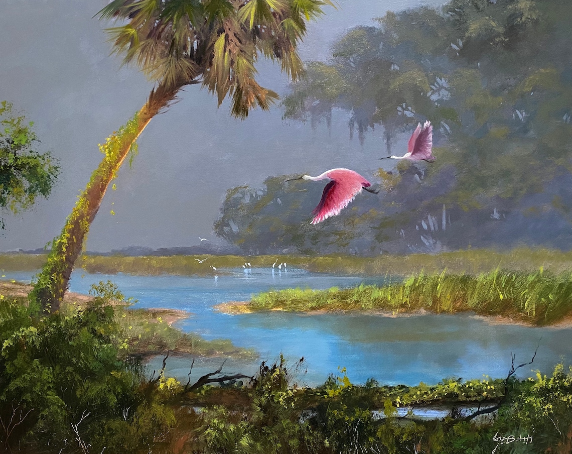 Florida Wildlife Spoonbills Animal Landscape Art Print | Etsy