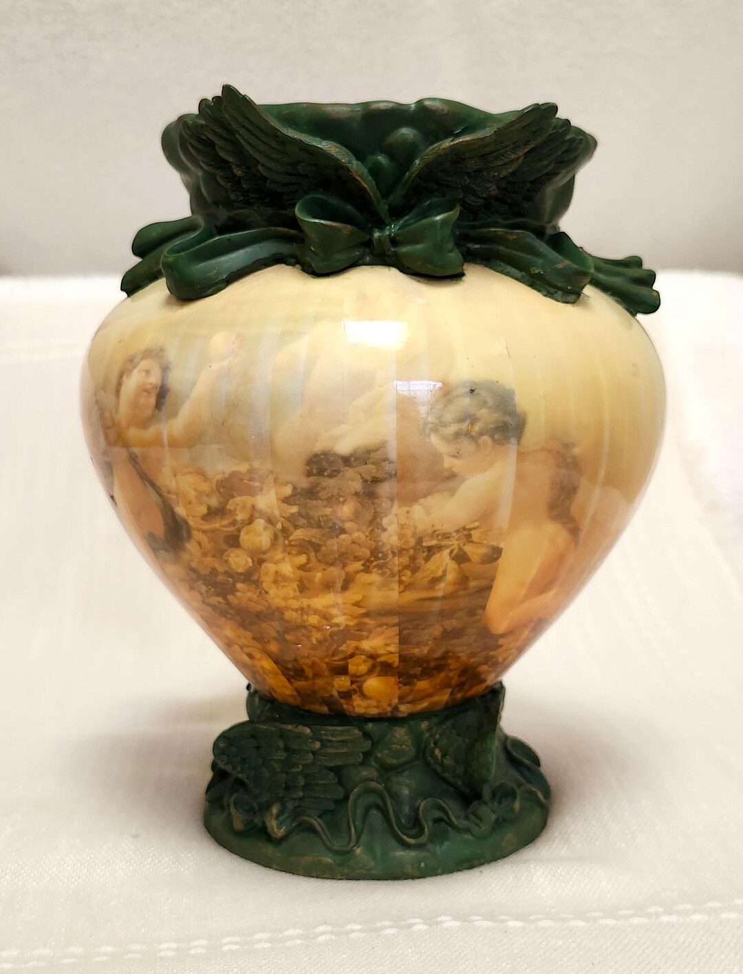 Vintage Ceramic Composite Vase With Cherubs, Green Ribbon and Wings ...