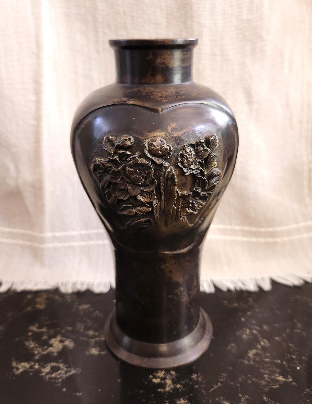 Korean Bronze Vase Japanese Style Embossed Peonies Vintage 1950's - Etsy