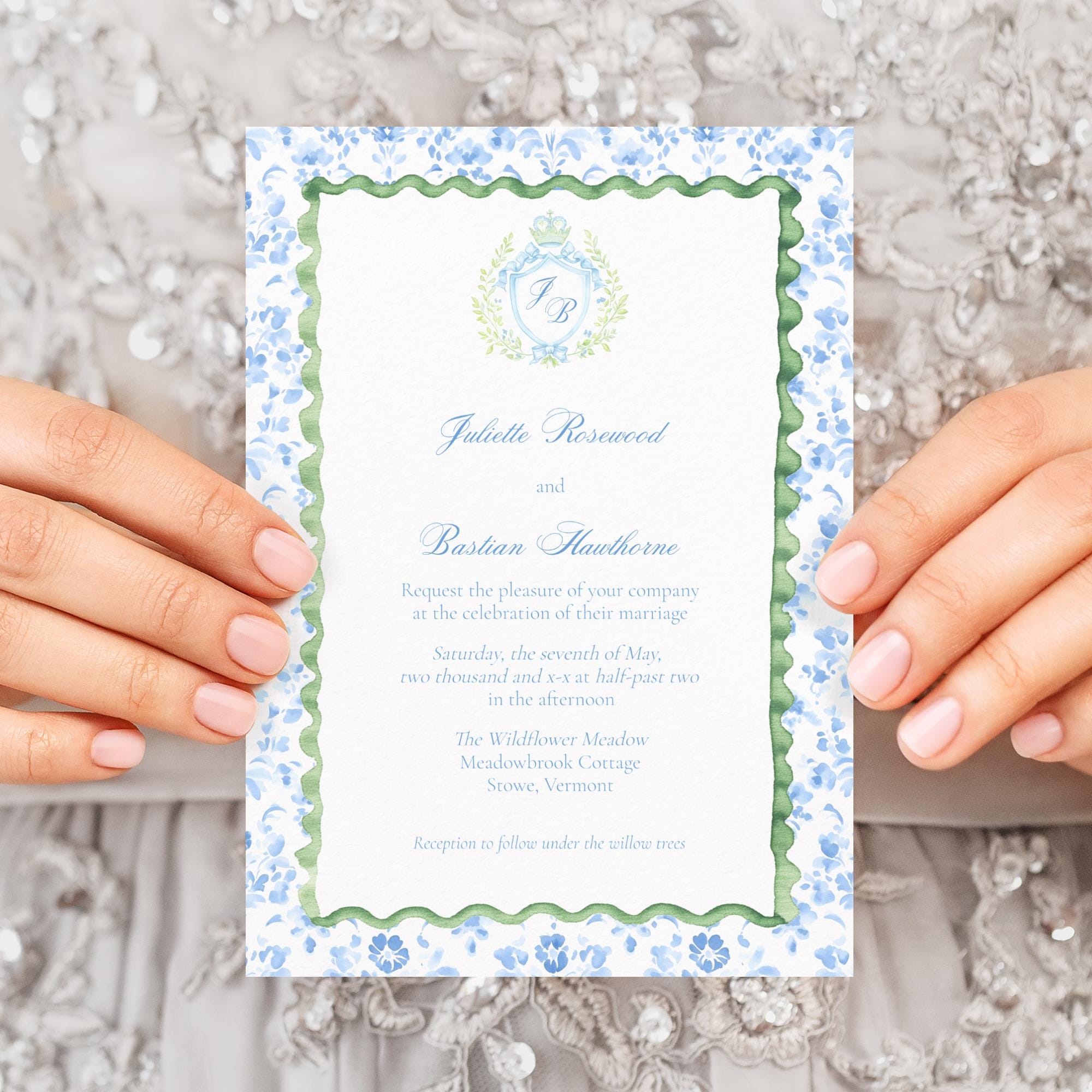 Blue Cottagecore Wedding Invitation Template Printable Green Crest ...