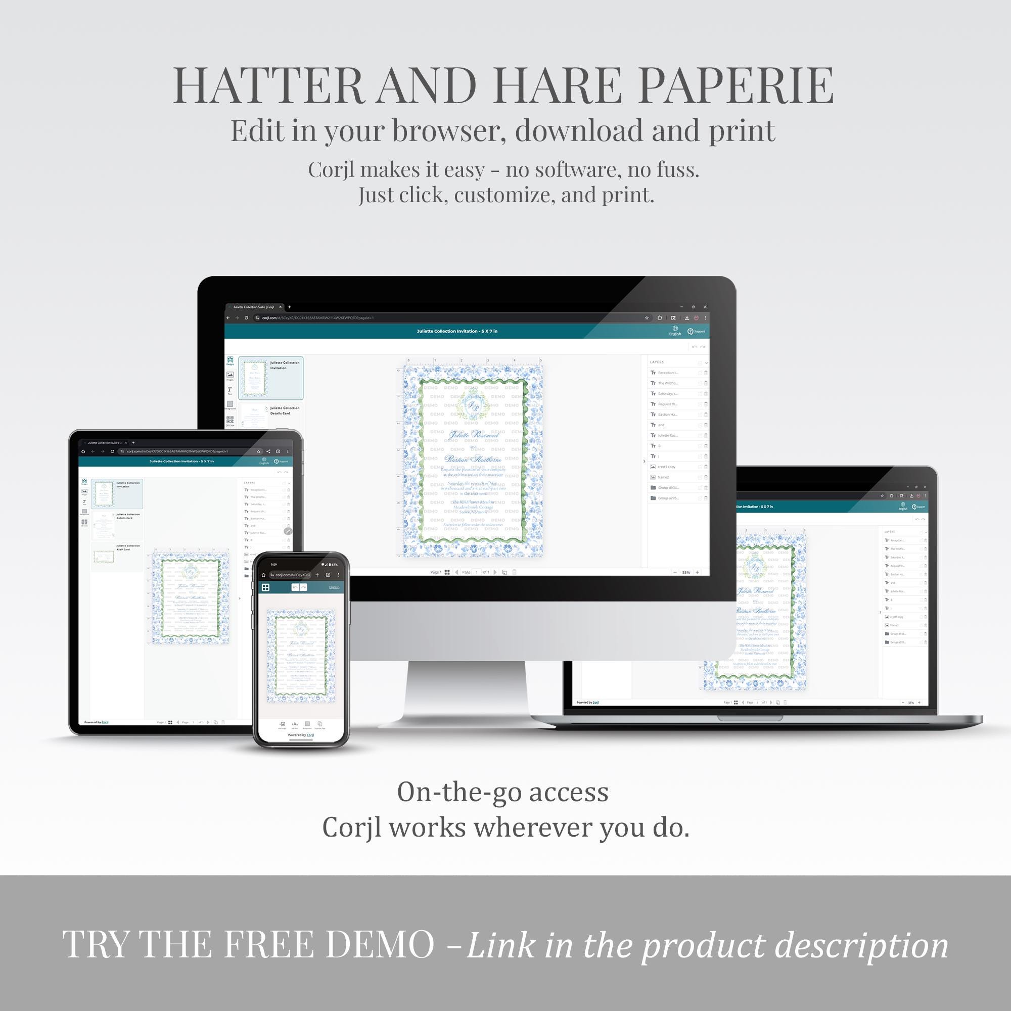 Blue Cottagecore Wedding Invitation Template Printable Green Crest ...